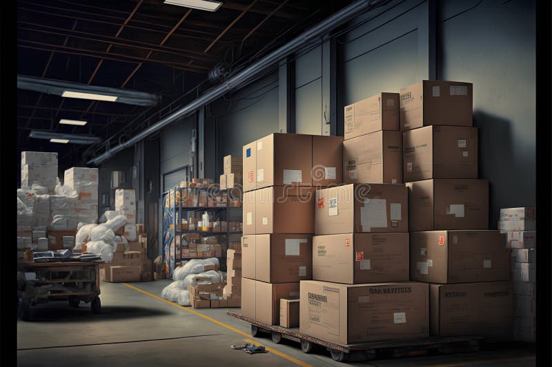 Warehouse Interior with Boxes on Pallet. 3d Illustration Stock ...