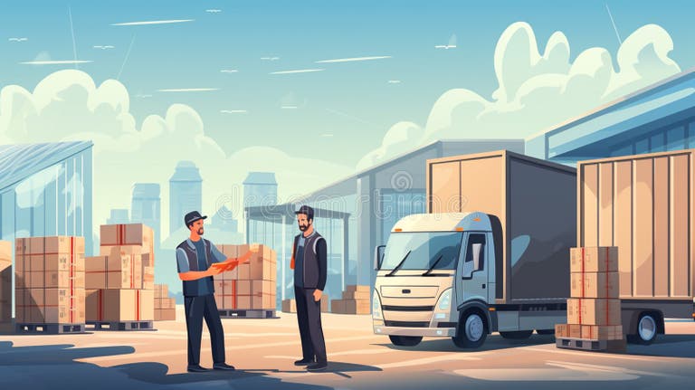 Warehouse Interior with Boxes on Rack and People Working. Flat Solid ...