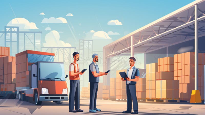 Warehouse Interior with Boxes on Rack and People Working. Flat Solid ...