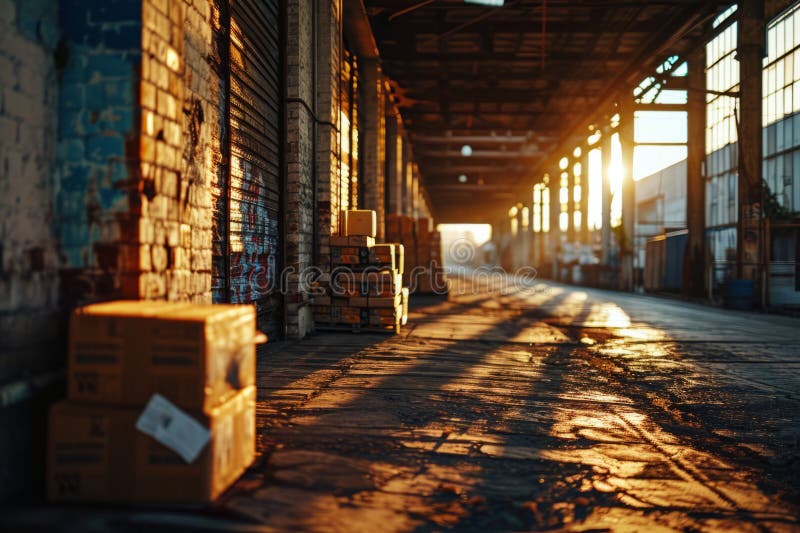 Warehouse Interior with Boxes in the Sunlight. Selective Focus Stock ...