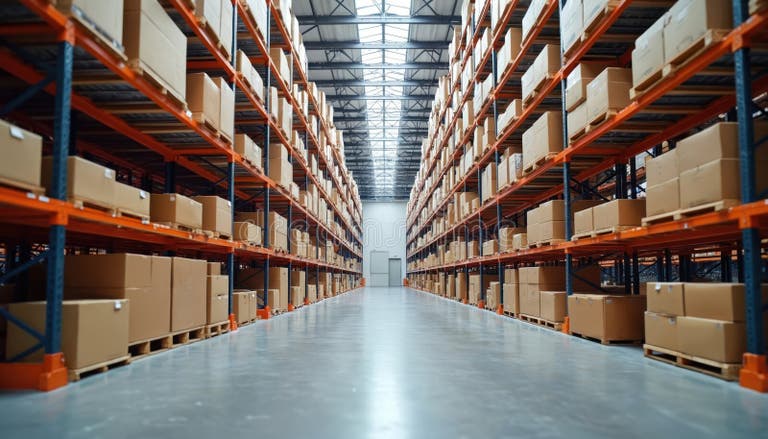 Warehouse Interior with Cardboard Boxes on Racks. Storage Space for ...