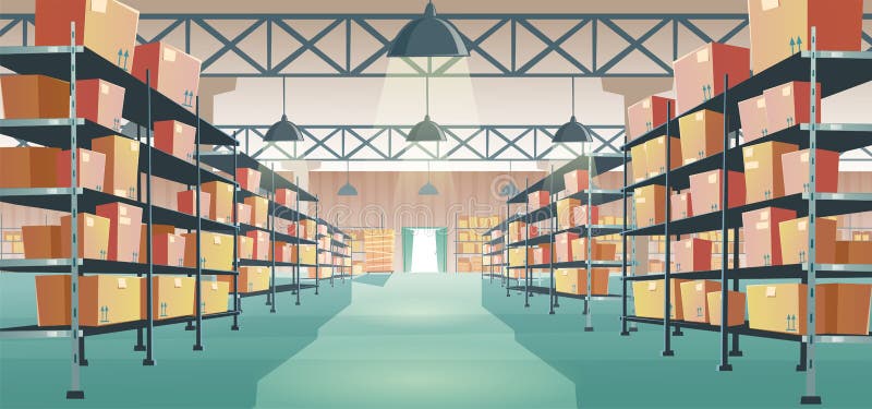 Warehouse Interior with Cardboard Boxes on Racks Stock Vector ...