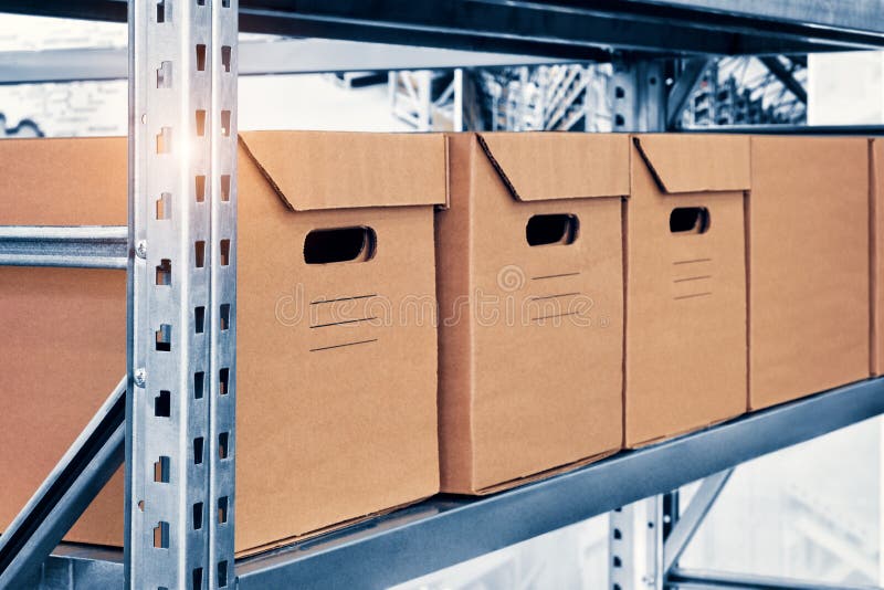 Warehouse Interior with Cardboard Boxes on Shelves Close Up Stock Photo ...