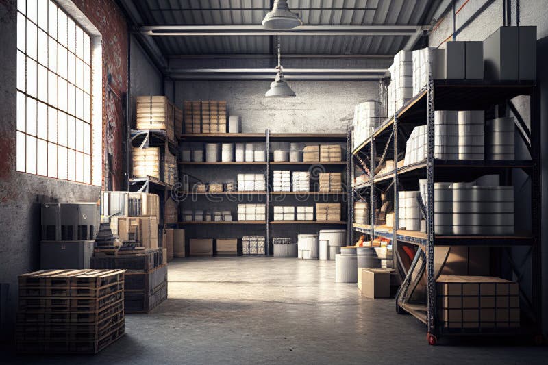 Warehouse Interior. Commercial Distribution Warehouse with Shelves and ...