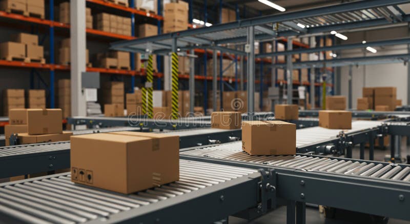 Warehouse Interior Featuring Cardboard Boxes on a Conveyor Belt System ...