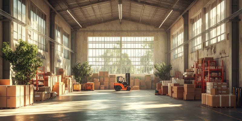 Warehouse Interior Featuring a Forklift and Stacked Boxes during ...