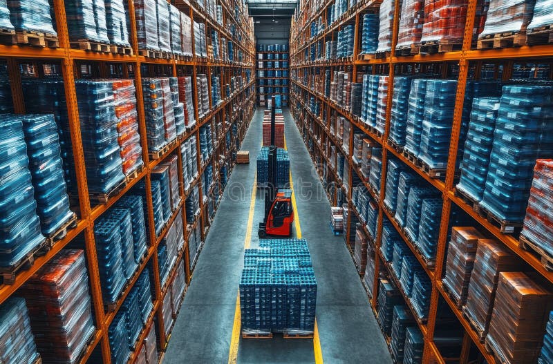 Warehouse Interior Featuring High Racking Systems with Forklift Moving ...