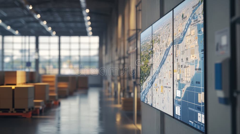 A Warehouse Interior Featuring Large Screens Displaying Maps and Data ...