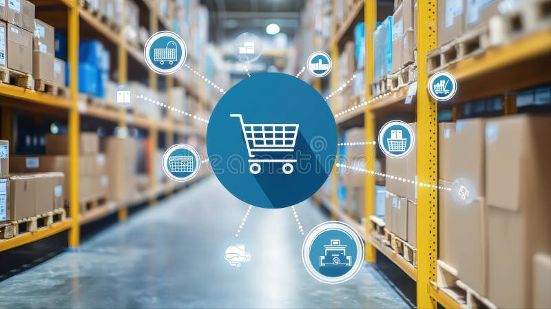 A Warehouse Interior Featuring a Shopping Cart in the Center ...