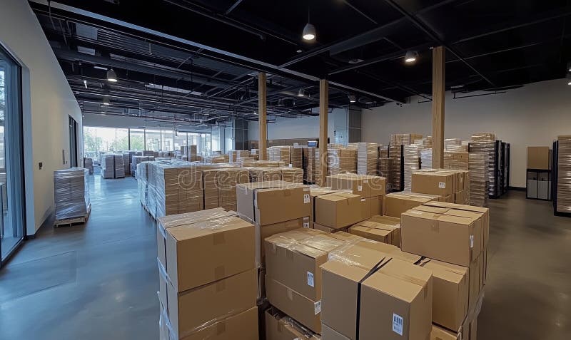 Warehouse Interior Filled with Stacked Cardboard Boxes, Organized ...