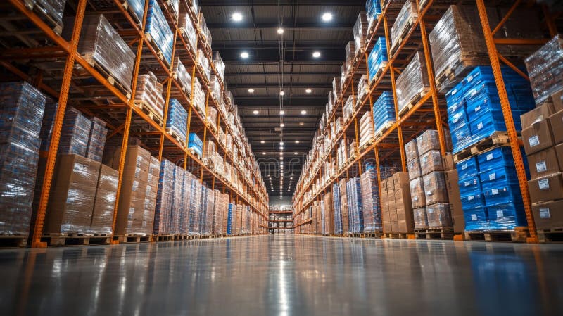 Warehouse Interior Filled with Stacked Pallets and Organized Shelves in ...