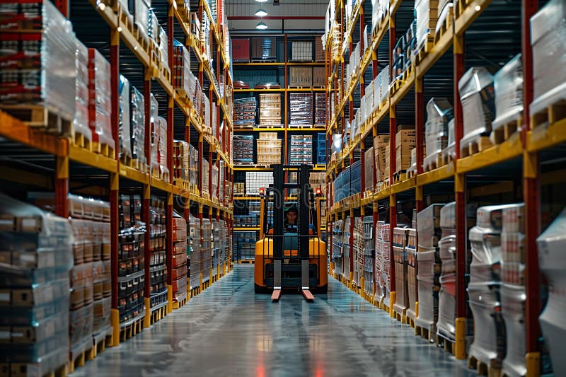 Warehouse Interior with Forklift and Extensive Inventory Storage Stock ...