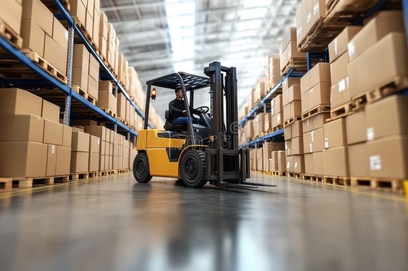 Warehouse Interior with Forklift Transporting Boxes in an Organized ...