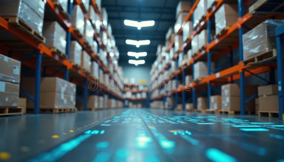 Warehouse Interior IoT Tech. Boxes on Shelves Display Goods in ...