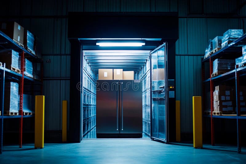 Warehouse Interior with Large Refrigerator and Organized Shelves for ...