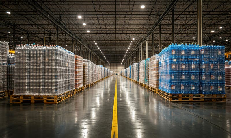 Warehouse Interior with Neatly Stacked Pallets of Bottled Water and ...