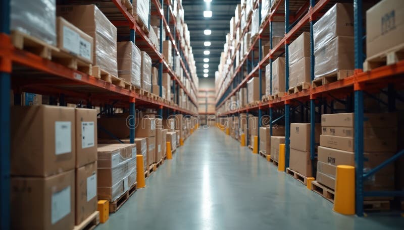 Warehouse Interior with Packed Boxes on Shelves. Fulfillment Center, E ...