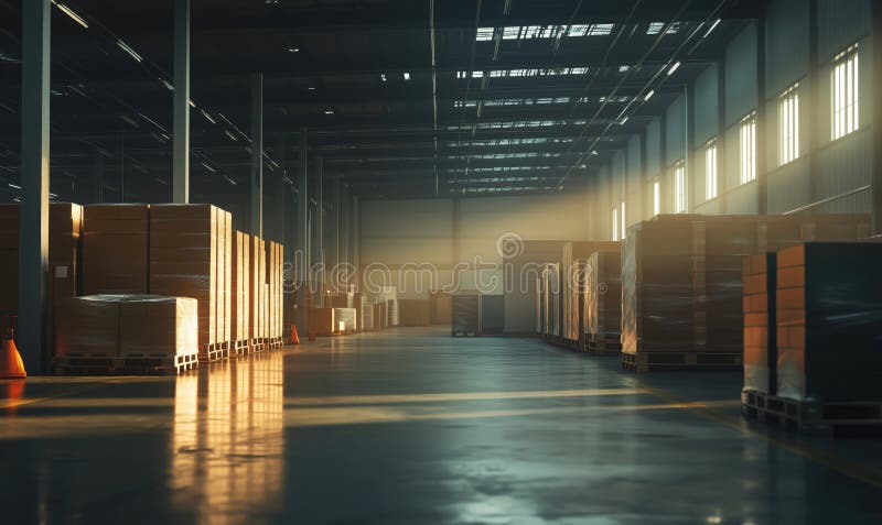 Warehouse Interior with Pallets and Sunlight Stock Photo - Image of ...