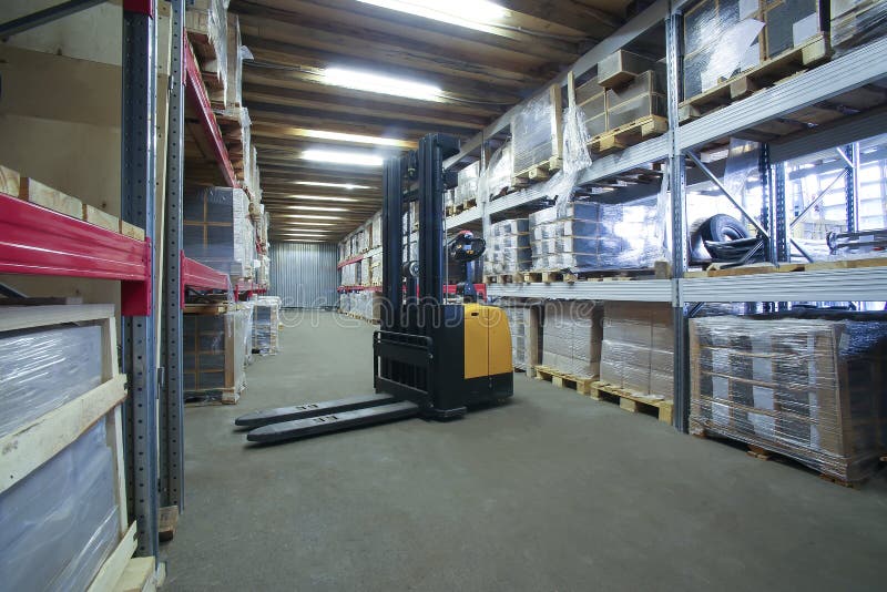 Warehouse Interior with Racks, Boxes and Forklift Stock Photo - Image ...