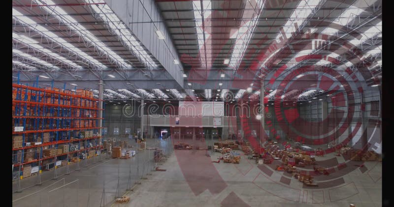 Warehouse Interior with Red Target Animation Overlaying Storage Racks ...