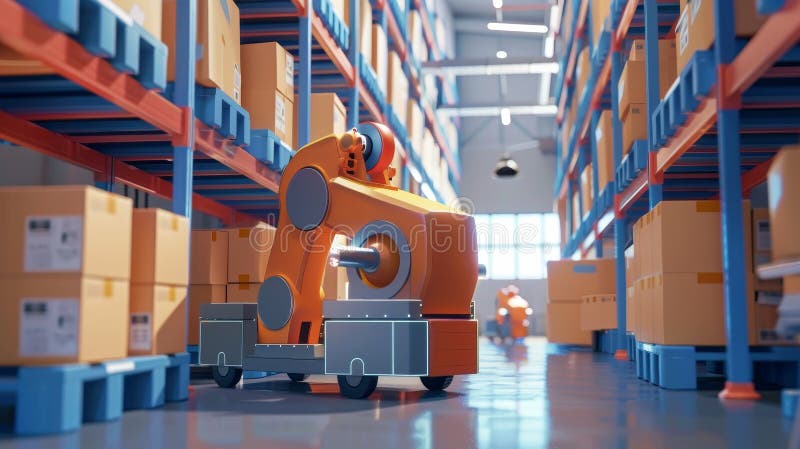 In a Warehouse Interior, Robots Work on Pallets Using Robot Arms ...
