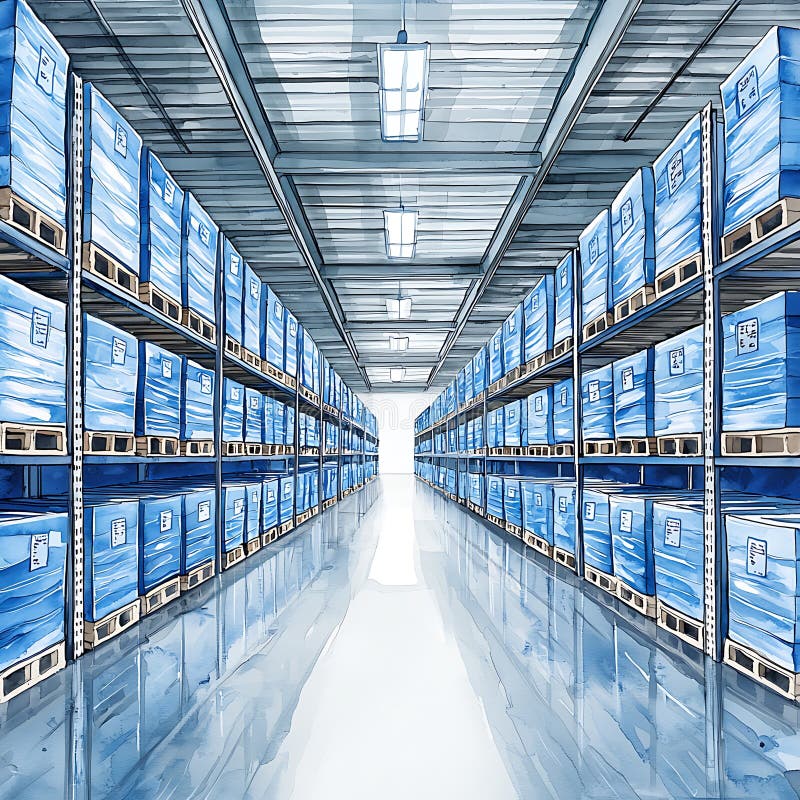 Warehouse Interior Rows of Blue Cargo Boxes in a Modern Distribution ...