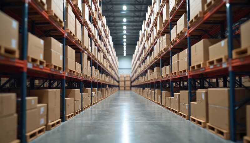Warehouse Interior with Rows of Cardboard Boxes on Shelves. Storage ...