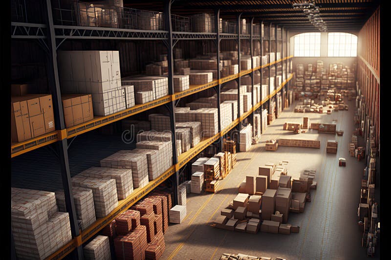 Warehouse Interior with Rows of Shelves and Boxes. 3d Rendering Stock ...