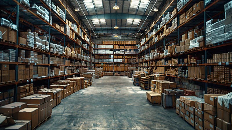 Warehouse Interior with Rows of Shelves Filled with Boxes Stock ...
