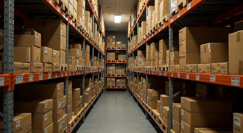 Warehouse Interior with Rows of Shelves Holding Cardboard Boxes and ...