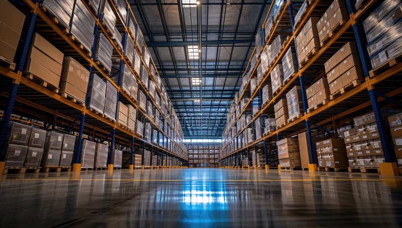 Warehouse Interior with Rows of Shelves and Racks in a Large Warehouse ...