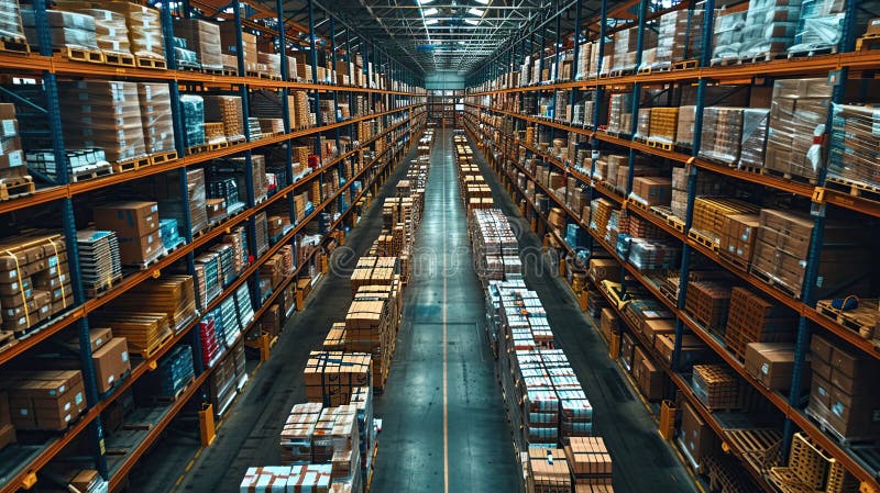 Warehouse Interior, Rows of Shelves Stacked with Boxes Stock ...