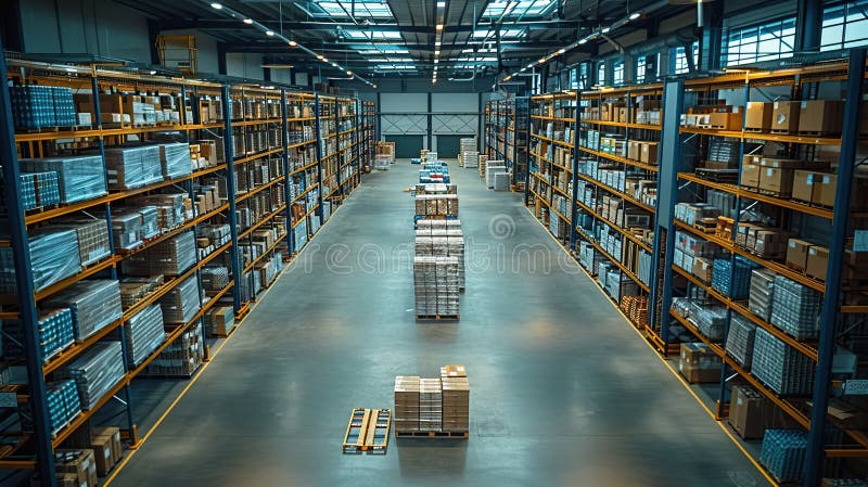 Warehouse Interior with Rows of Shelving Filled with Boxes Stock ...