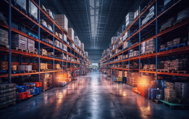 Warehouse Interior with Rows of Shelving and Forklifts. Created by ...
