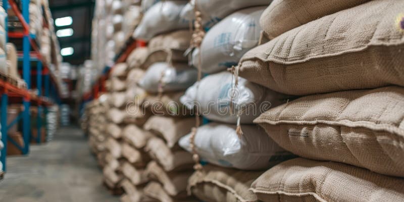 Warehouse Interior with Rows of Stacked Bags, Showcasing Organized ...
