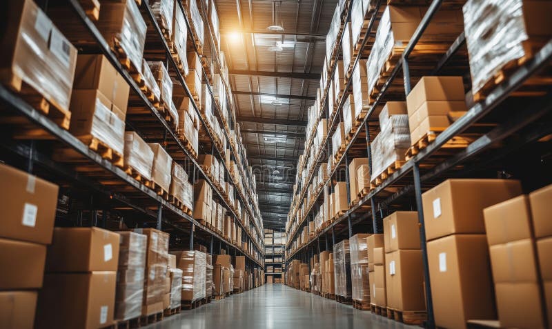 Warehouse Interior with Rows of Stacked Cardboard Boxes and Organized ...