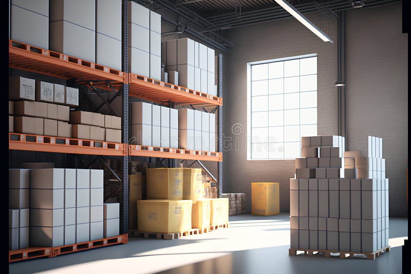 Warehouse Interior with Shelves and Boxes. 3d Render Illustration Stock ...