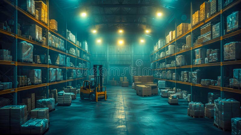 Warehouse Interior with Shelves and Boxes in a Modern Factory Building ...
