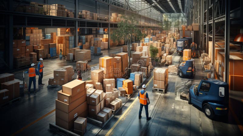 Warehouse Interior with Shelves, Pallets and Boxes Stock Photo - Image ...