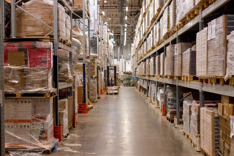 Warehouse Interior with Shelves, Pallets and Boxes. Storage Department ...