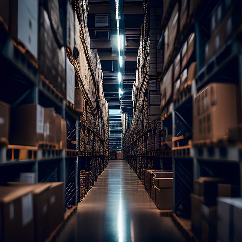 Warehouse Interior with Shelves and Rows of Boxes. 3d Rendering Stock ...