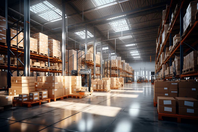 Warehouse Interior with Shelves and Rows of Boxes. 3d Rendering Stock ...