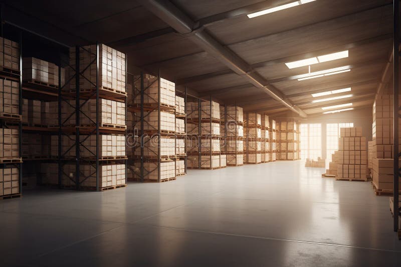 Warehouse Interior with Shelves and Rows of Boxes. Generative AI Stock ...