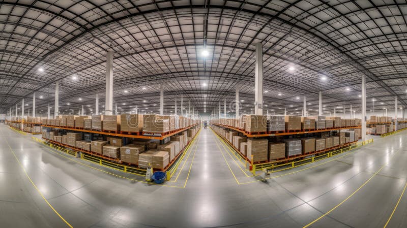 Warehouse Interior with Shelves and Rows of Boxes Stock Illustration ...