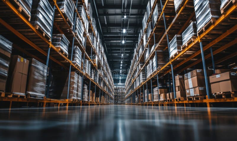 Warehouse Interior with Shelves Stacked with Boxes and Pallets ...