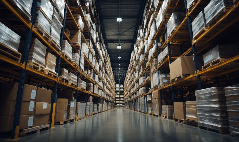 Warehouse Interior Shelves Stacked High Organized Storage Space Pallets ...