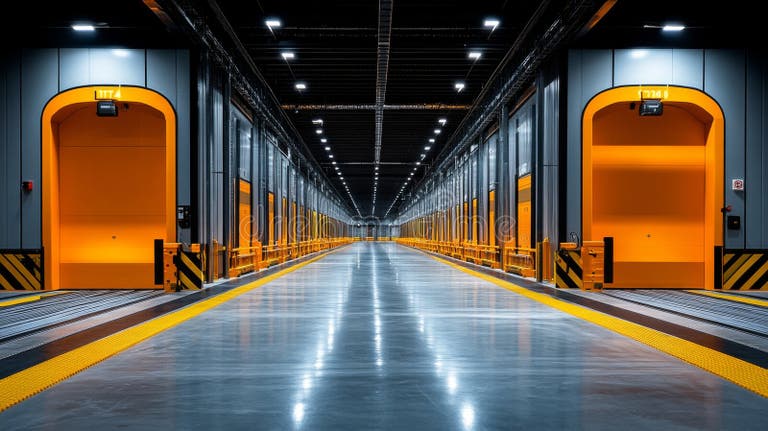 Warehouse Interior Showcases Extensive Loading Docks with Bright Orange ...