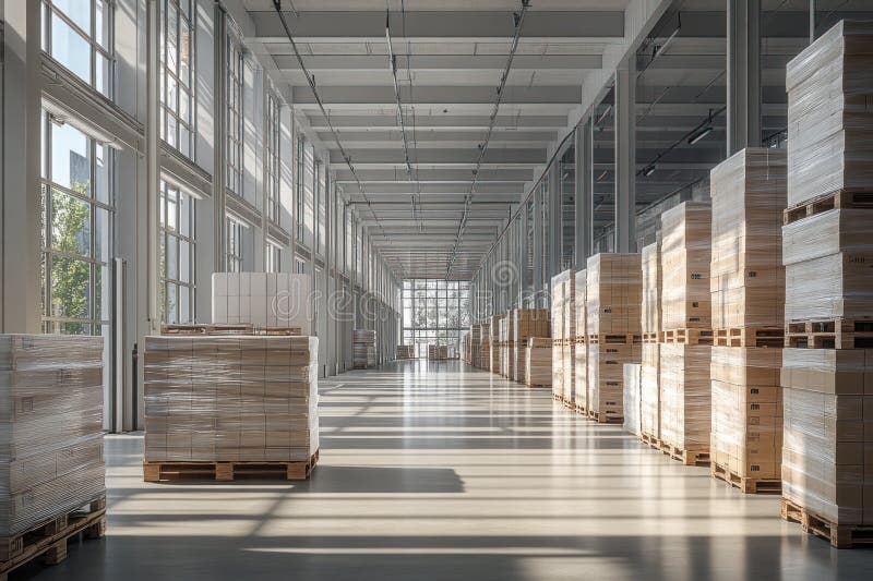 Warehouse Interior Showcasing Stacks of Pallets and Large Windows ...