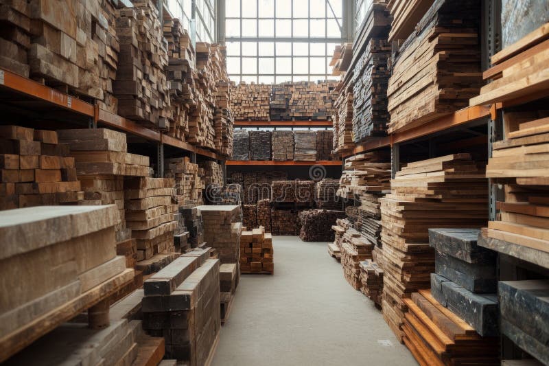 Warehouse Interior Showing Stacks of Assorted Wood Planks and Timber ...