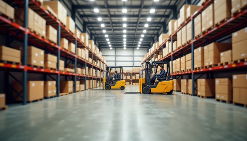 Warehouse Interior Shows Forklifts Moving Goods. Workers Manage ...